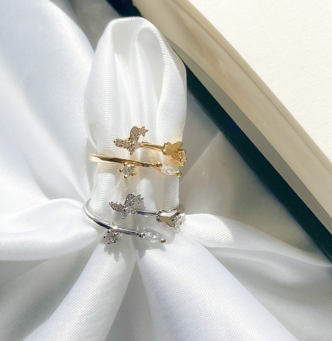Flutter Rings, Adjustable Butterfly Rings, Cubic Zirconia Butterfly Rings, Gold and Silver ...