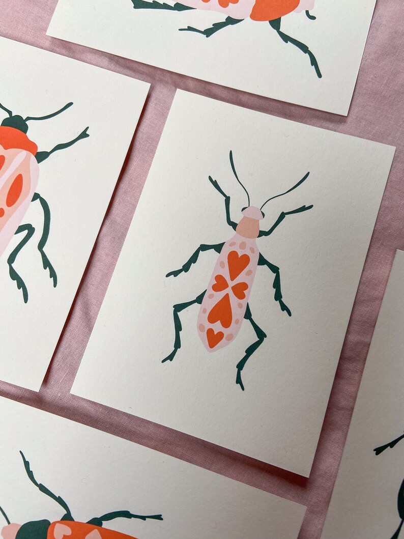 Love Bug Beetle Illustration Mini Print A6 Postcard, Valentines, Galentines, Cute Wall Art ...