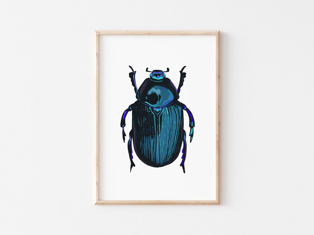 Black Beetle Illustration Art Print (A4/A5) Dung Beetle, Black Blue ...