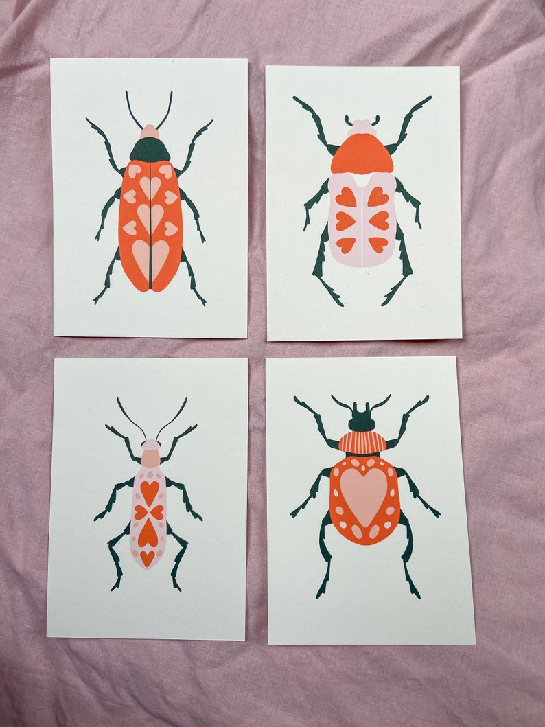 Love Bug Beetle Illustration Mini Print (A6) Postcard, Valentines ...