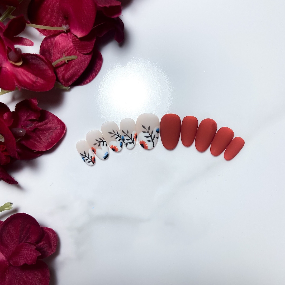 Half & Half Fall Flower Abstract Press-on Nails | Fall Nails | Matte ...