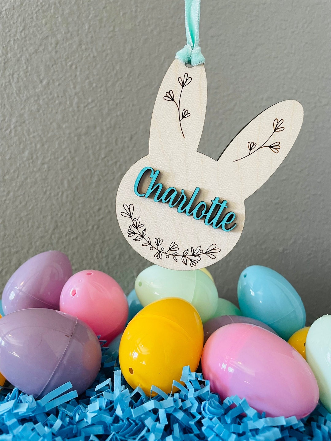 Floral Bunny Silhouette Personalized Easter Basket Tag, Custom Easter ...