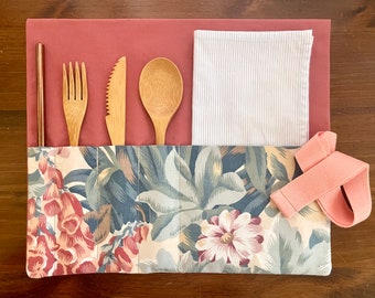 5-slot Utensil Wrap With Napkin, Cotton Utensil Carrier, Silverware ...