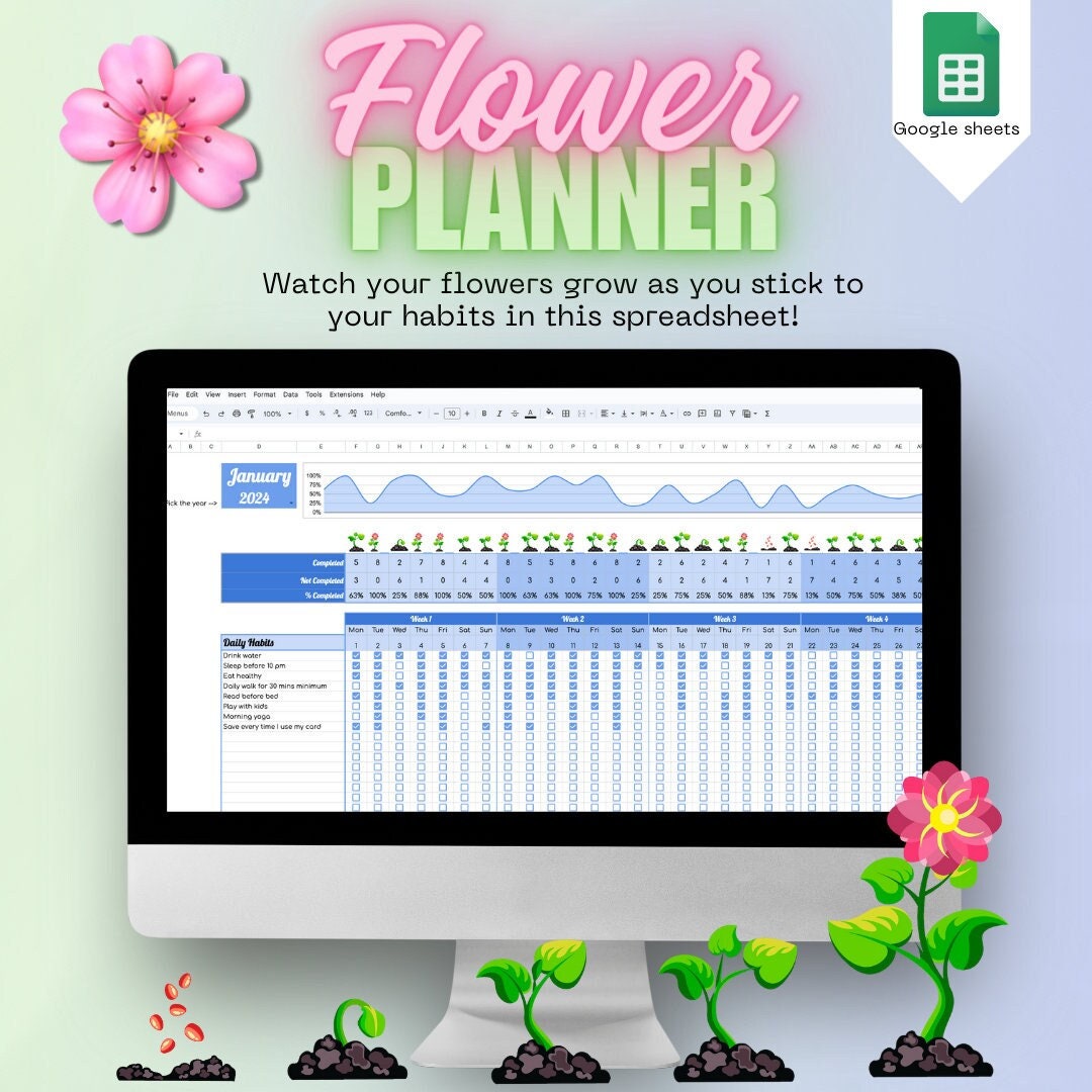 Flower Habit Tracker Spreadsheet | Simple Tasks Planner | Google Sheets ...