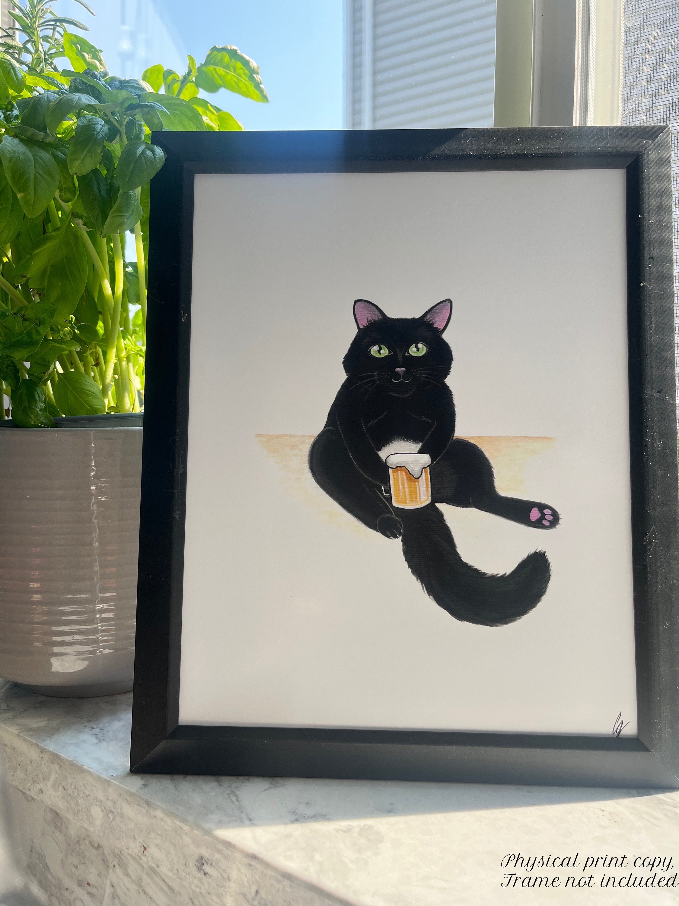 Black Cat Drinking Beer, Cartoon Print Art - Etsy