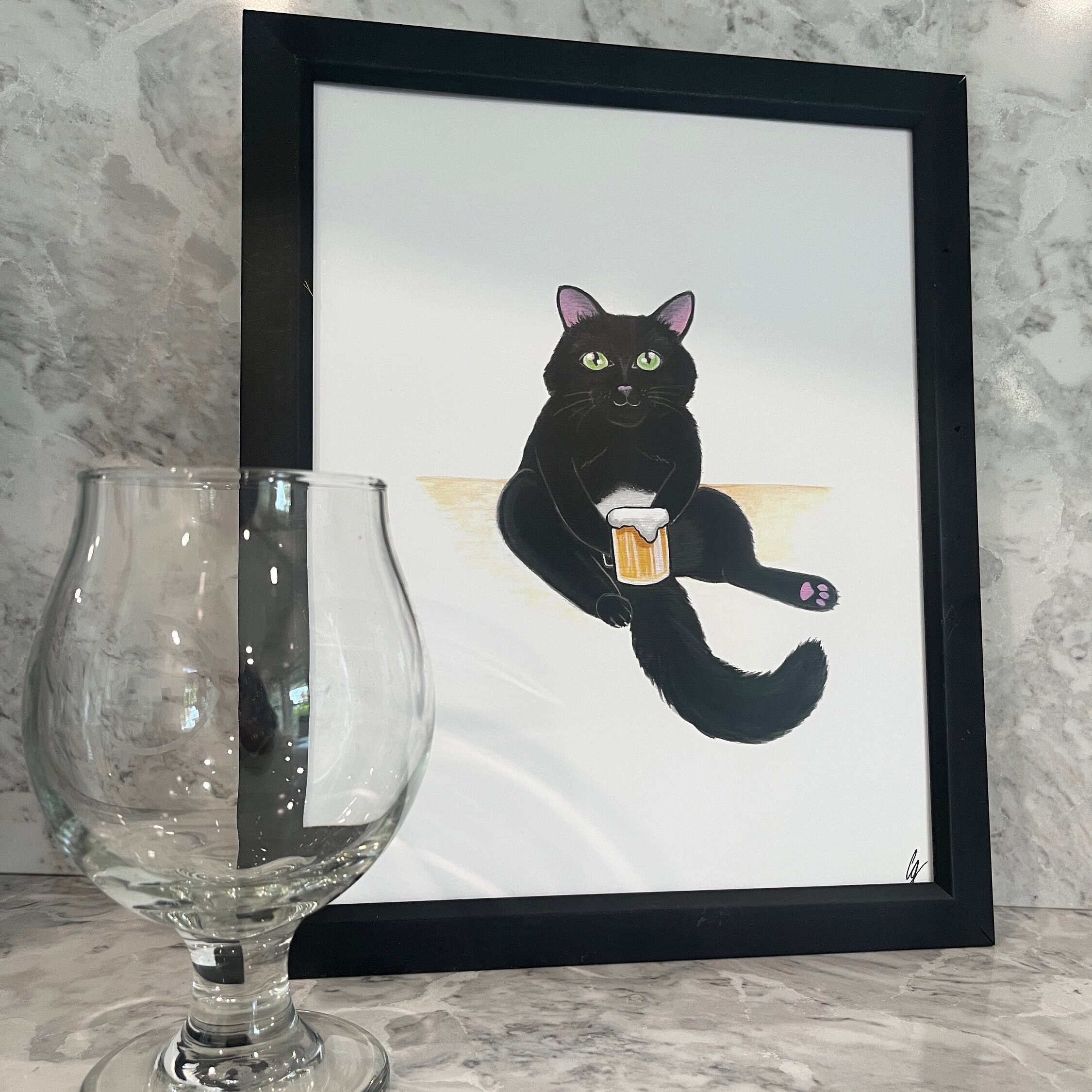 Black Cat Drinking Beer, Cartoon Print Art - Etsy