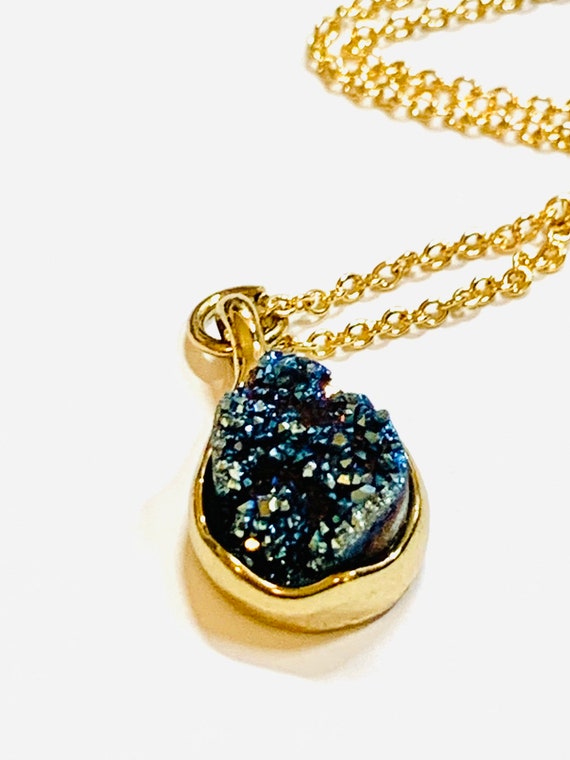 Rainbow Druzy Geode Gold Teardrop Necklace