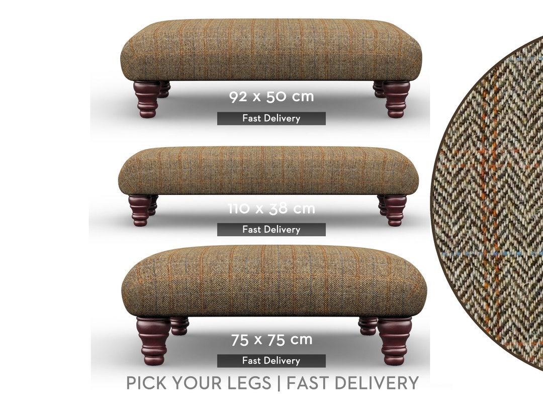 Fast Delivery Harris Tweed Footstool in Herringbone Moss (100% Wool) in ...