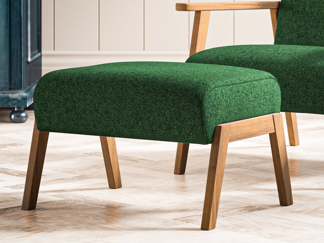 Green Harris Tweed Joran Mid Century Footstool, Herringbone Pattern ...