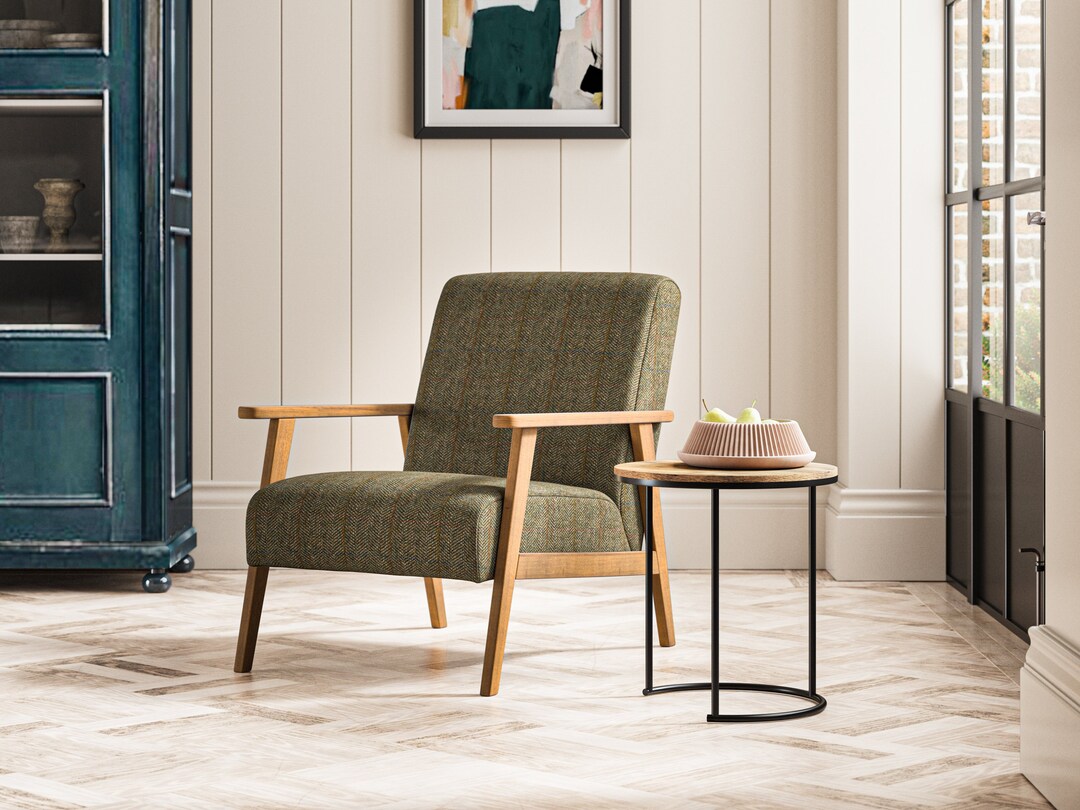 Green Harris Tweed Joran Scandi Chair, Herringbone Pattern With an ...