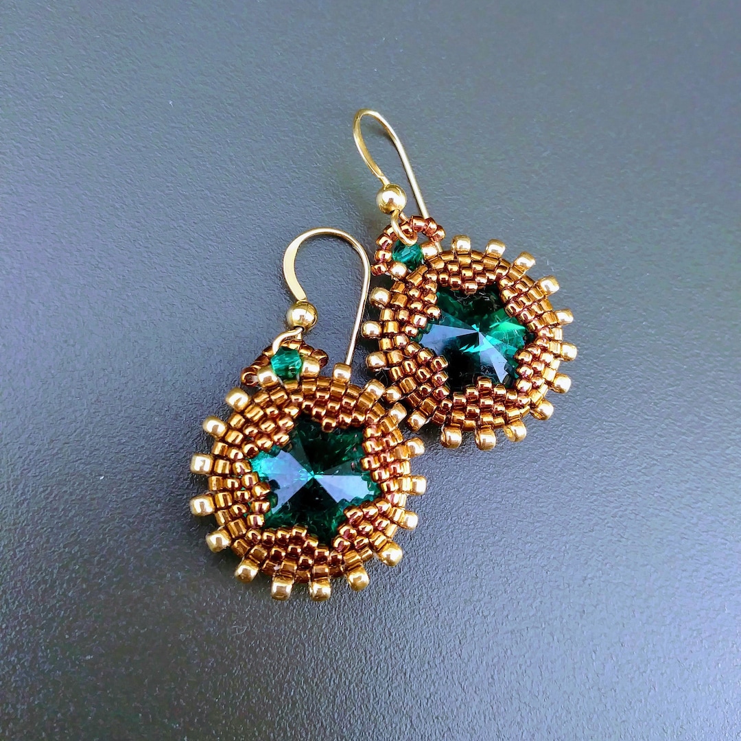Swarovski Emerald Rivoli Star Bezel Beaded Earrings With Gold Filled ...