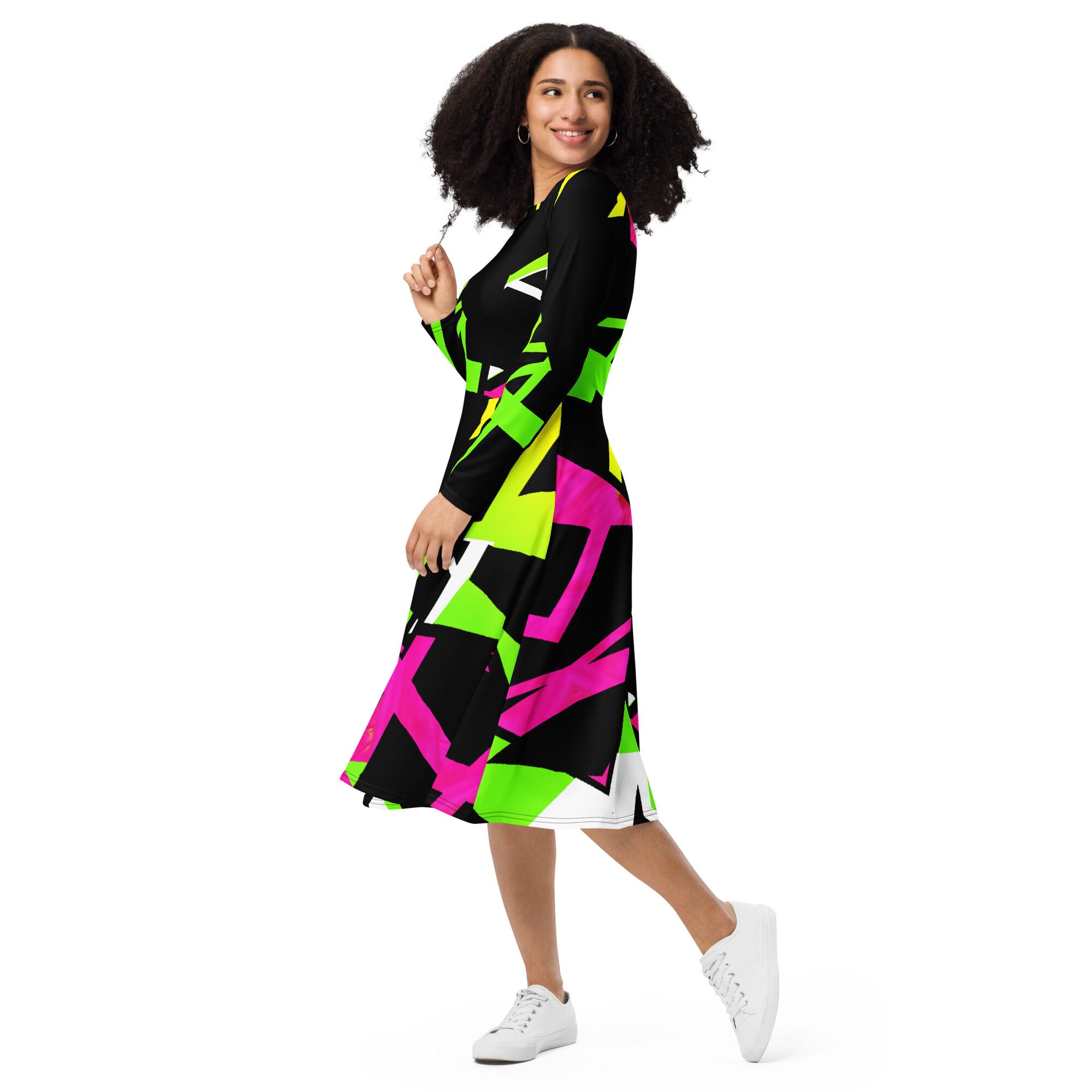 Neon Abstract Long Sleeve Midi Dress / Black Neon Dress / up to 6XL - Etsy