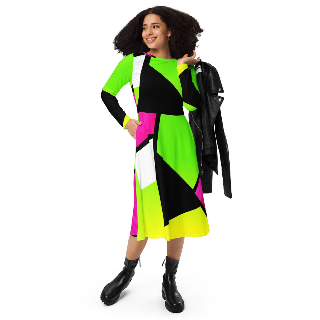 Neon Color Blocking Long Sleeve Midi Dress / up to 6XL - Etsy