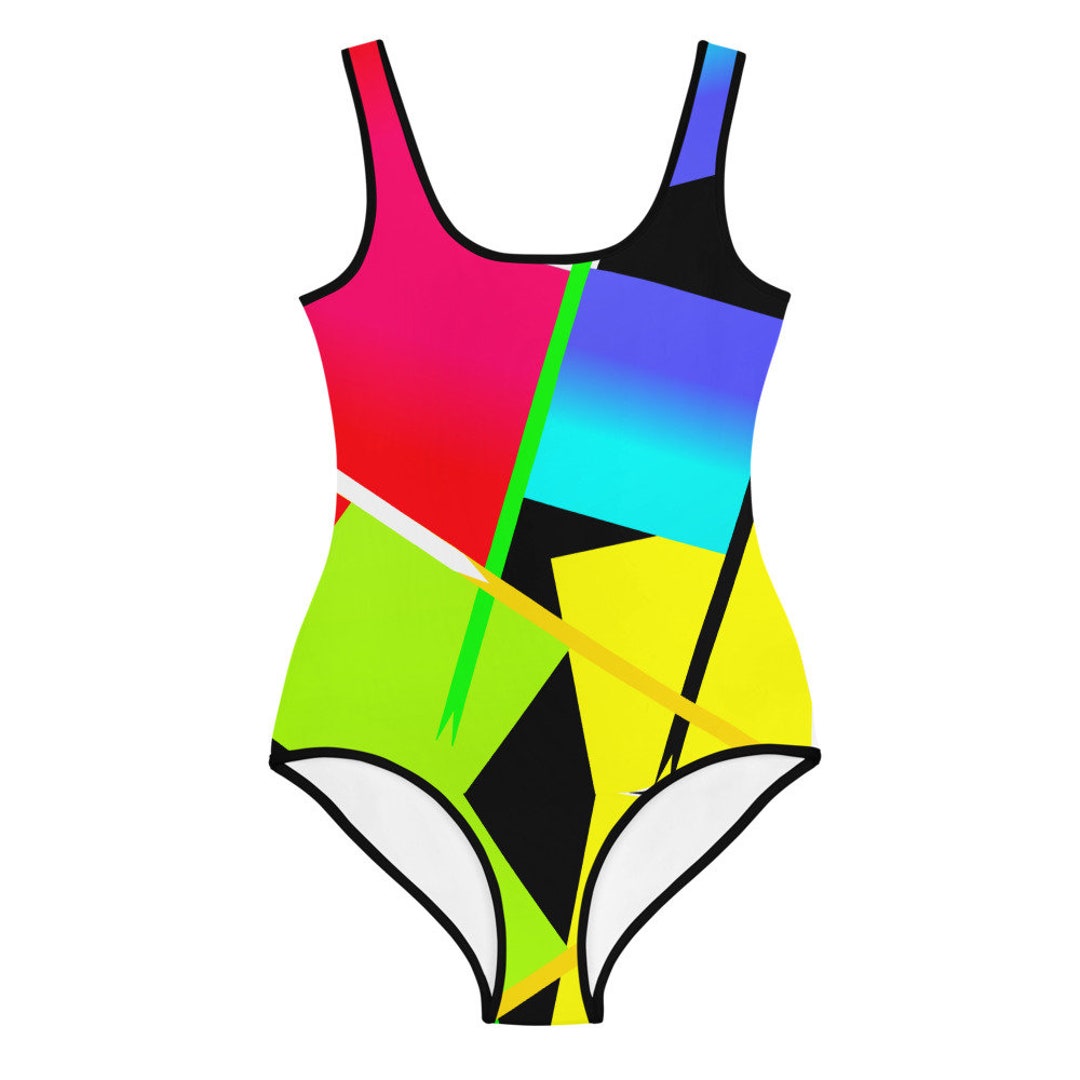 Abstract Neon Color Blocking Youth Swimsuit / 8 20 - Etsy