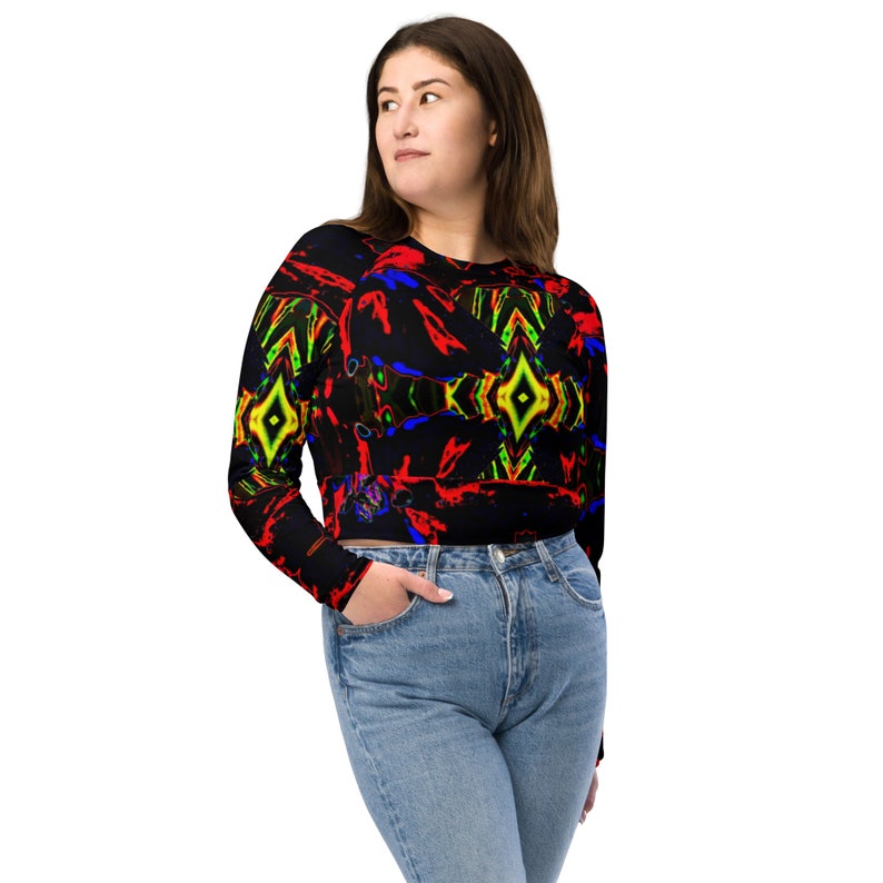 Neon Geometric Graphic Pattern Recycled Long-sleeve Crop Top / - Etsy