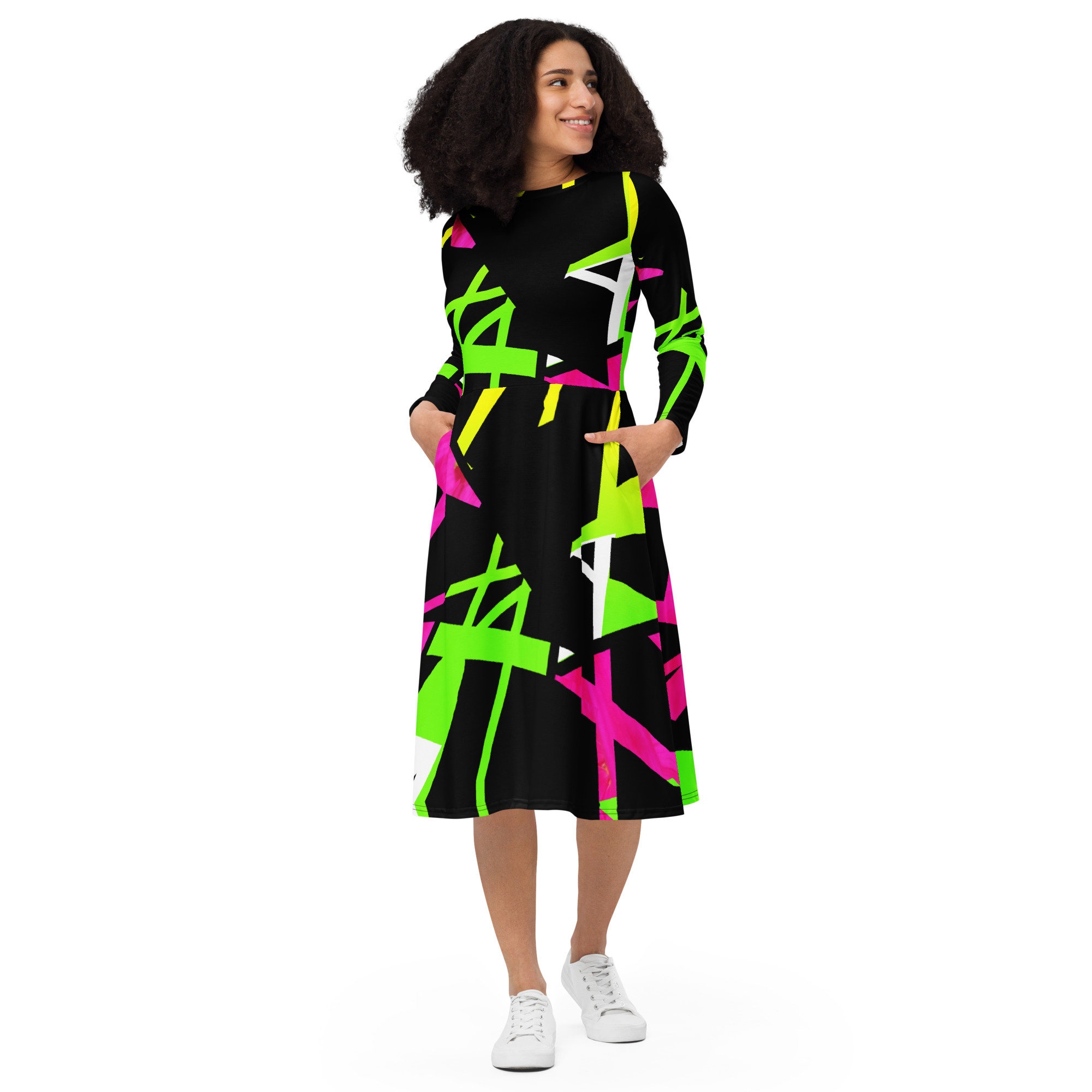Neon Abstract Long Sleeve Midi Dress / Black Neon Dress / up to 6XL - Etsy