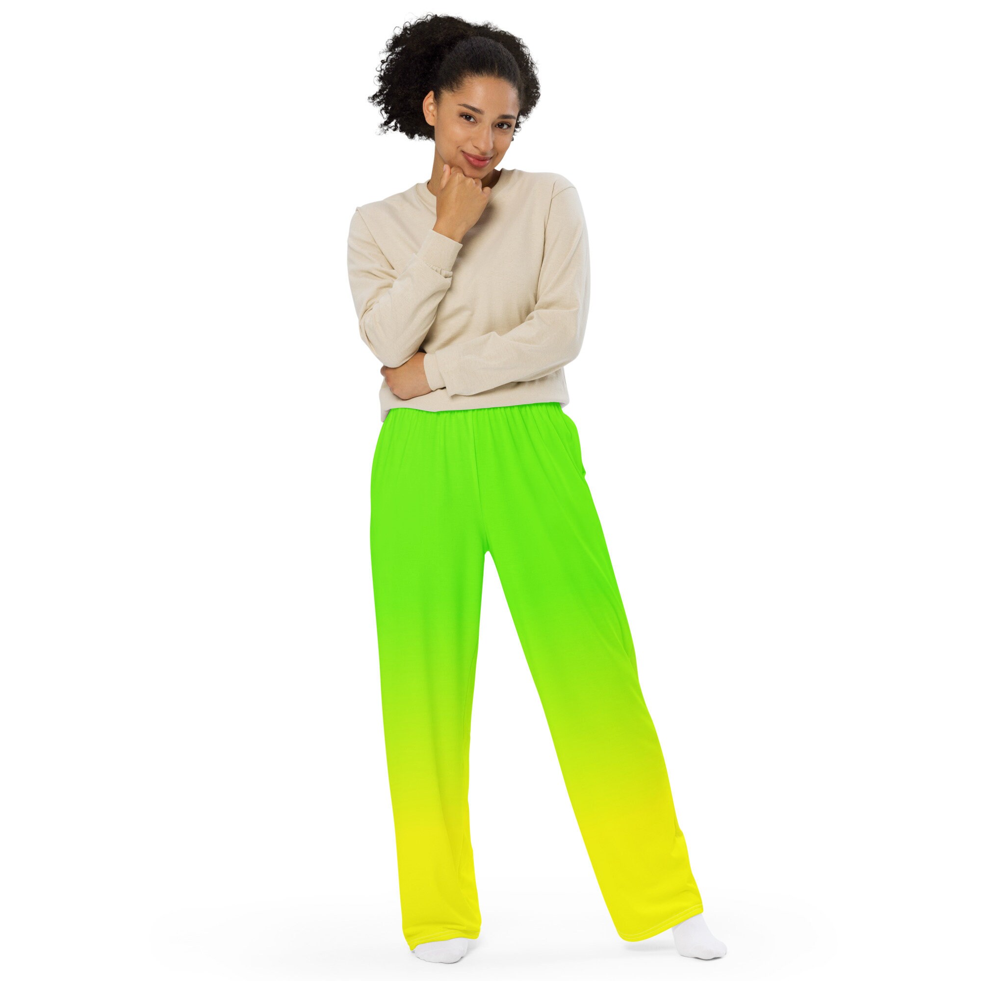Neon Lime Green & Yellow Unisex Wide-leg Pants / Loungewear Streetwear ...