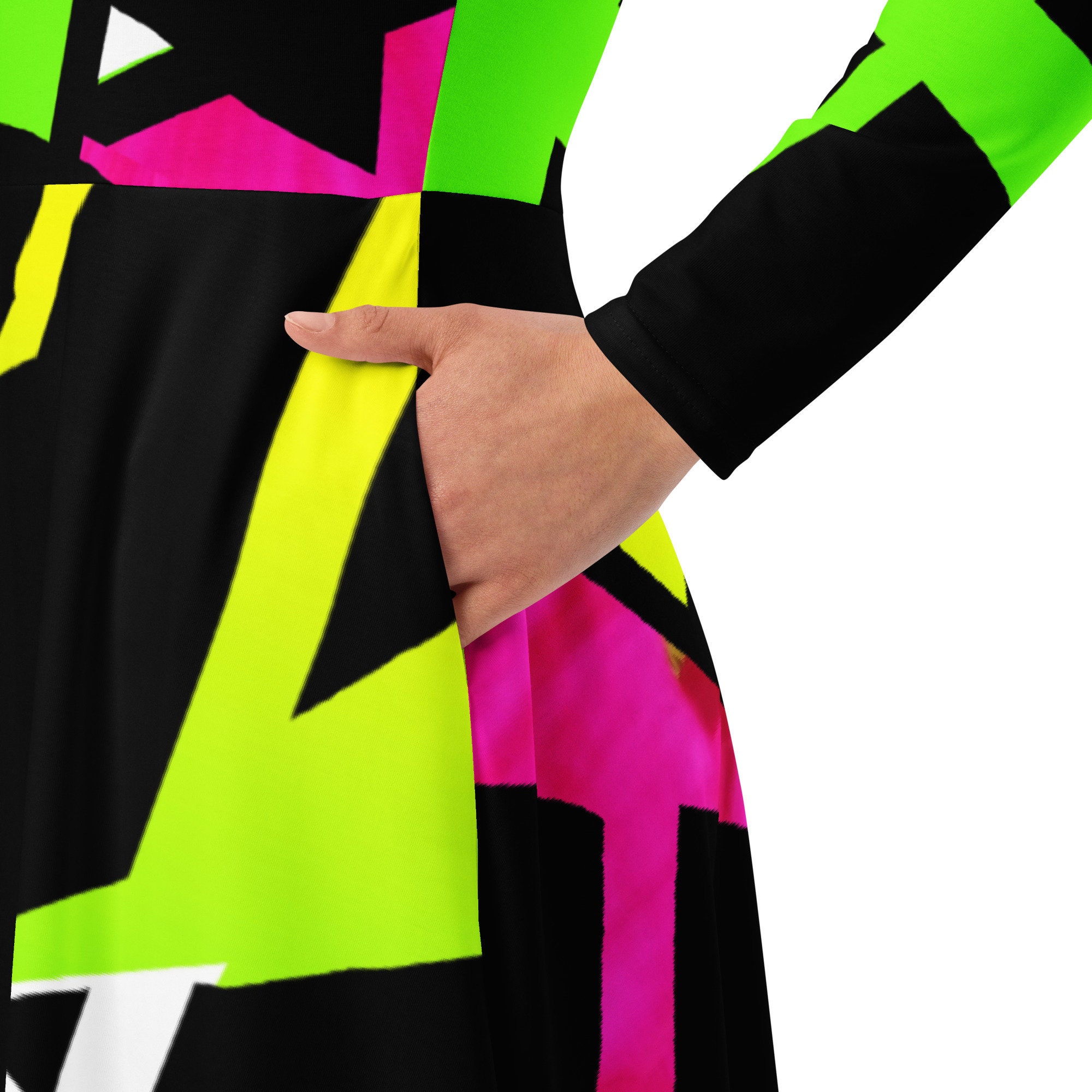 Neon Abstract Long Sleeve Midi Dress / Black Neon Dress / up to 6XL - Etsy