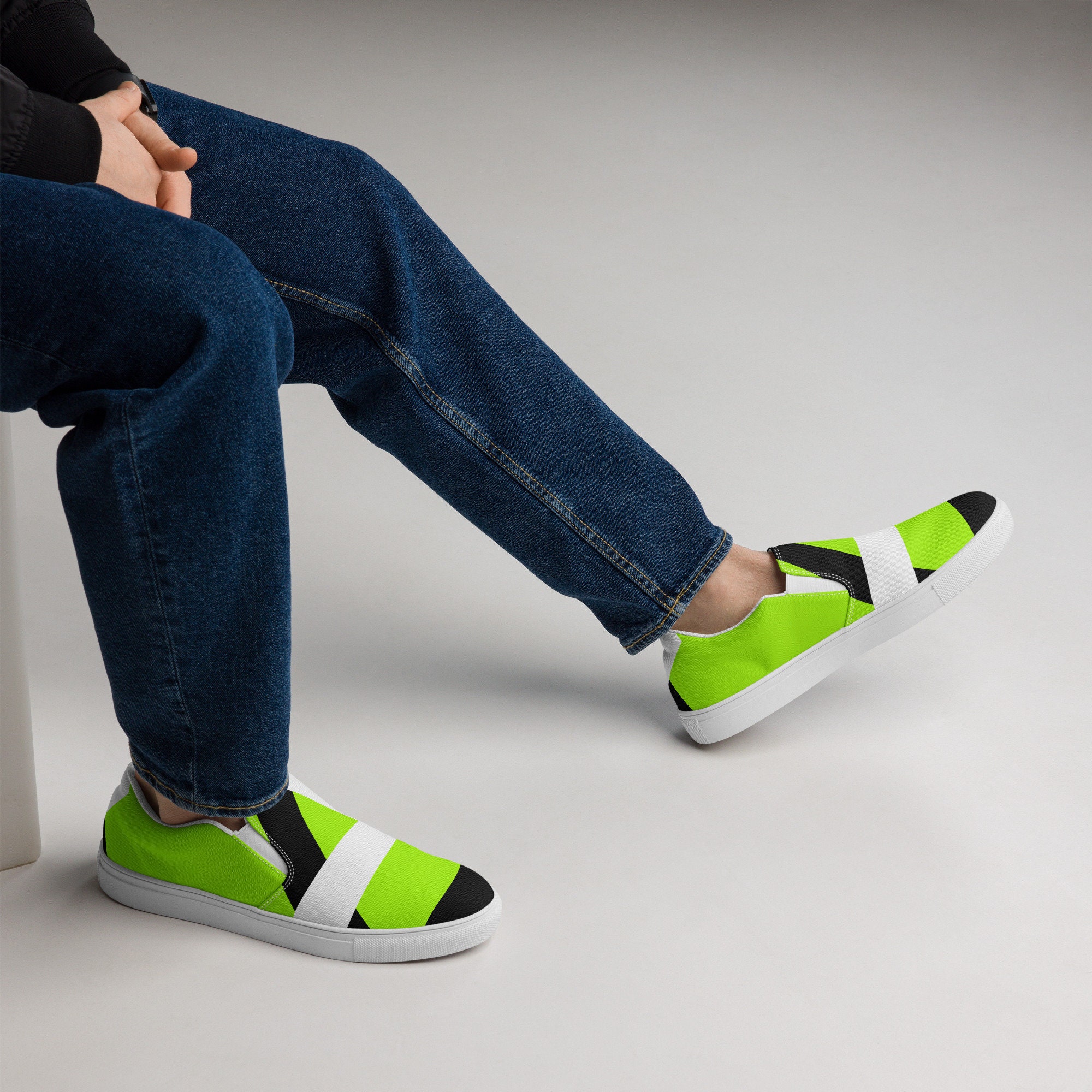 Neon Lime Green Color Blocking Mens Slip-on Canvas Shoes / Neon Green ...