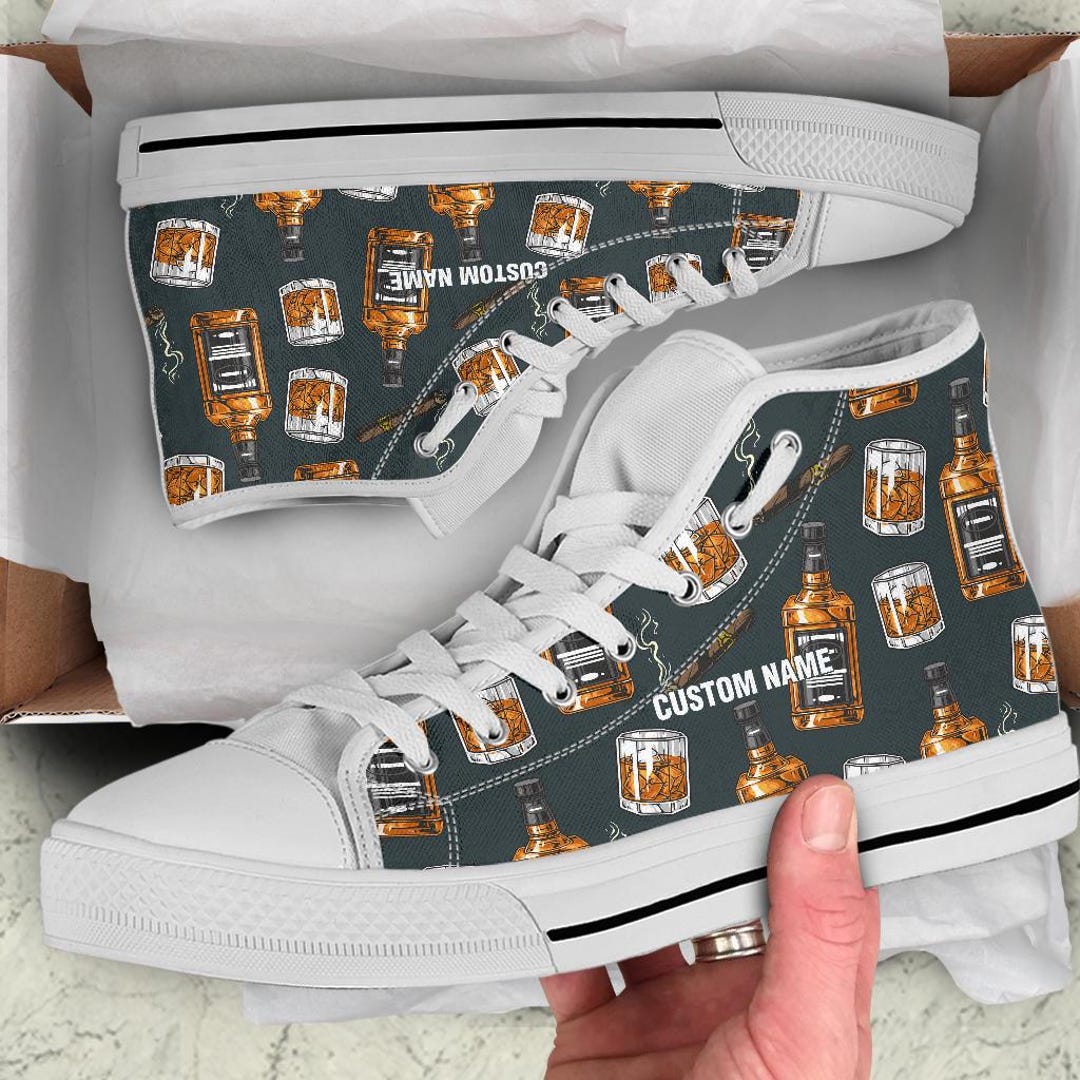 Whiskey and Cigar Custom Name High Top Sneakers / Whiskey Custom Print ...
