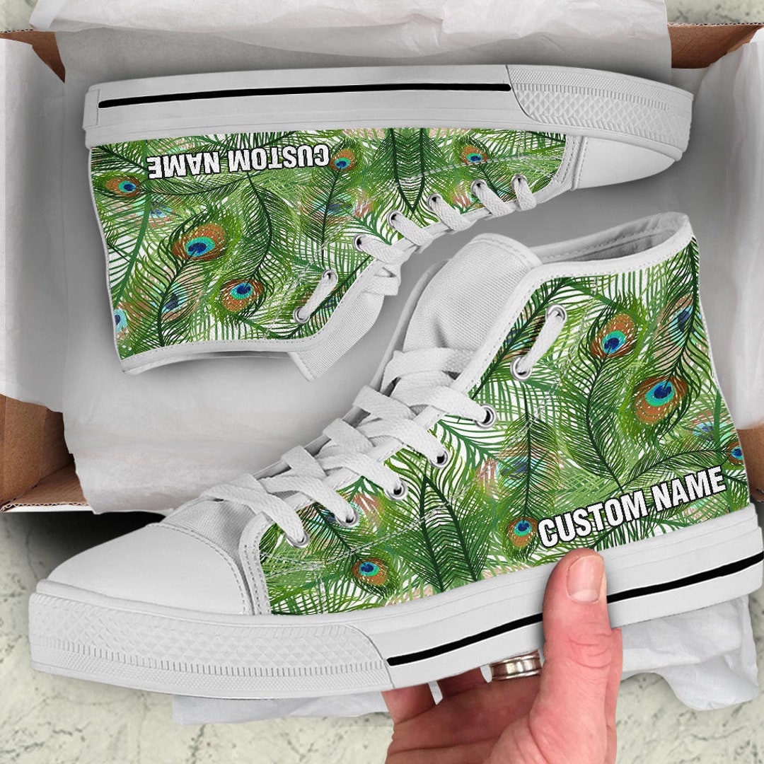 Peacock Custom Name High Top Sneakers / Peacock Feathers Custom Print ...