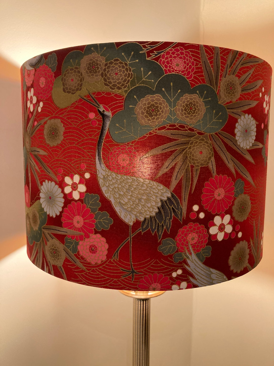 Handmade Oriental Red Lampshade With Cranes, Chrysanthemum, Gold ...
