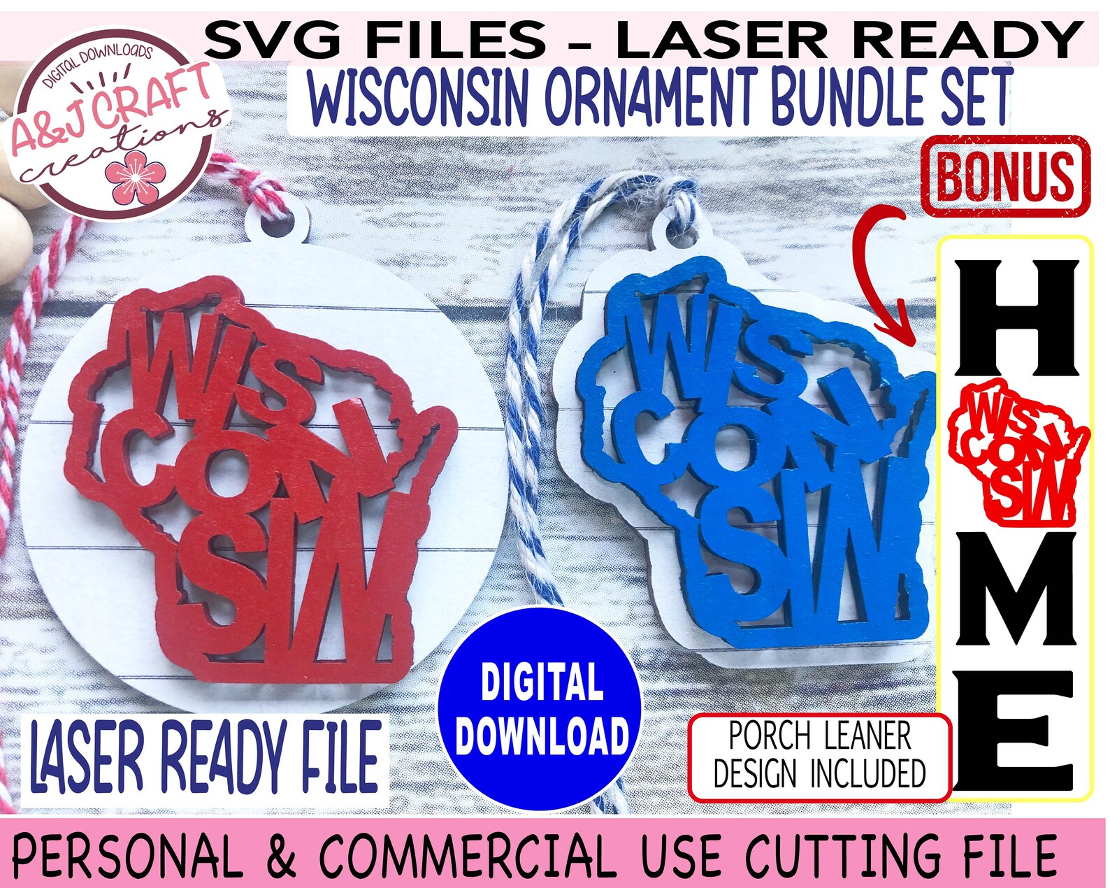 Wisconsin Ornament SVG BUNDLE, Laser Ready File, Wisconsin Word Art Svg ...