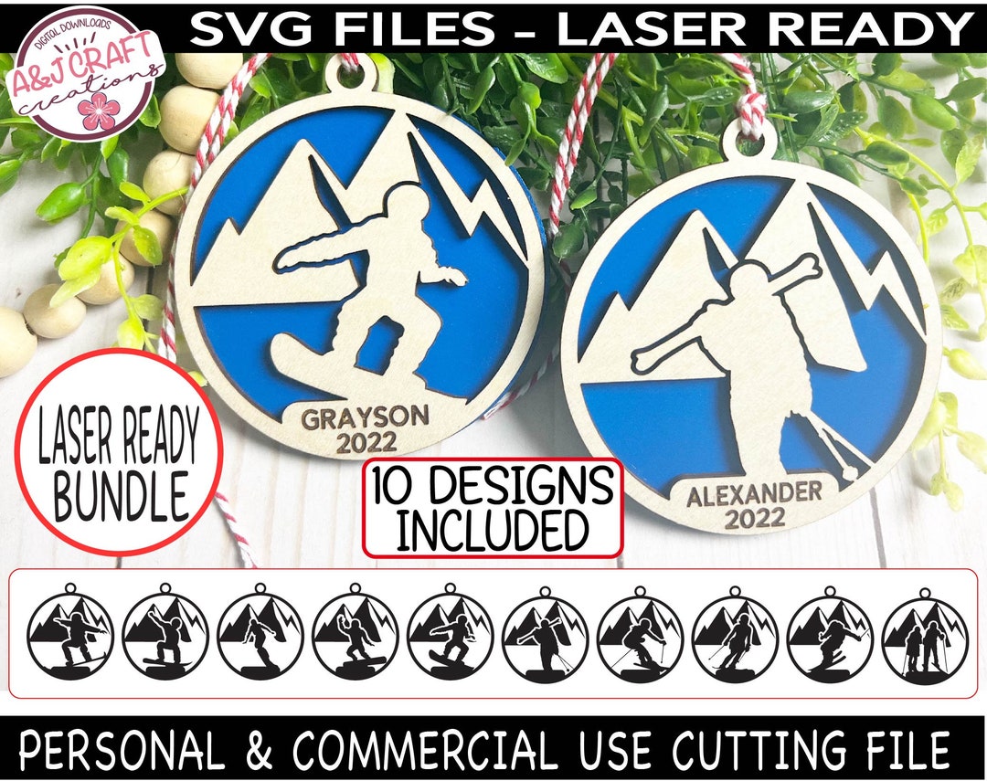 Snowboard Ski Ornament SVG Bundle, Snowboarder Ornament Laser File ...