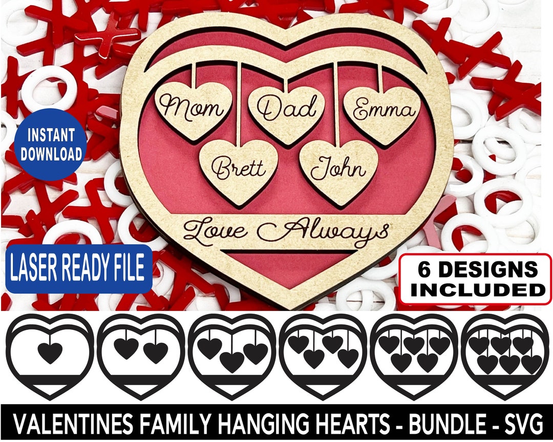 Valentines Family Hanging Hearts SVG, Valentine Laser Cut File, Laser ...