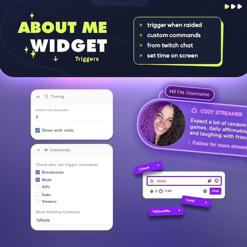 About Me Pop-up Widget | Twitch Raids | 30 Icons and Chat Commands ...
