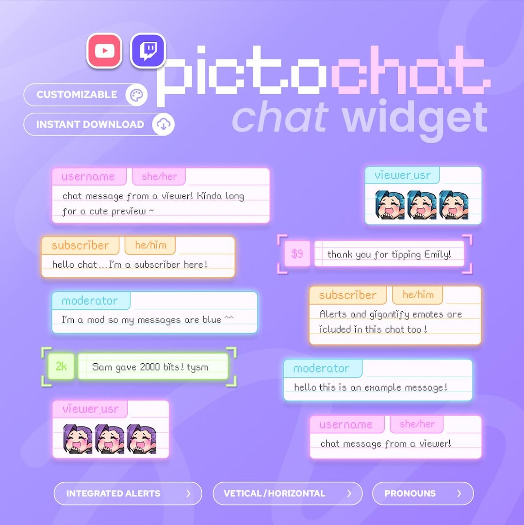 Widget PictoChat | Twitch e YouTube | Personalizável | Chat com alertas ...