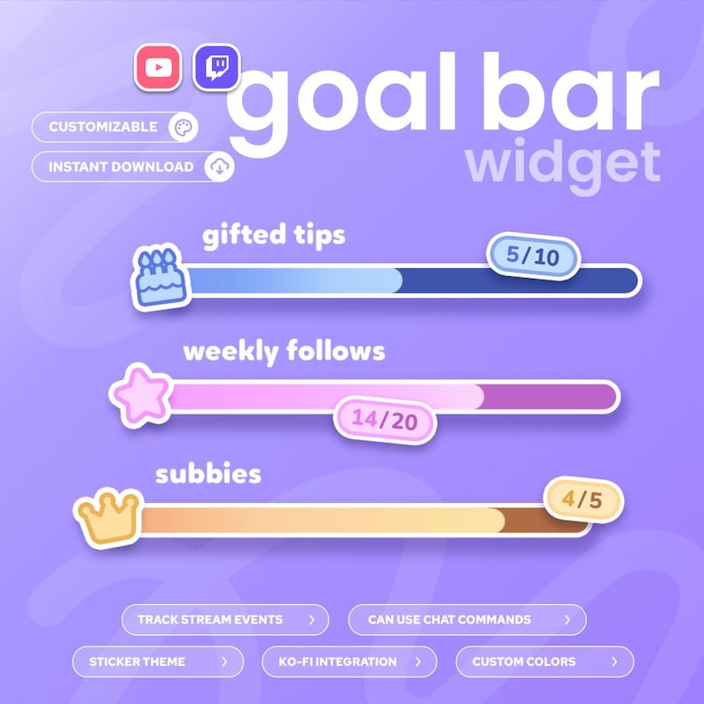 Goal Bar Widget | Twitch, Youtube & Ko-fi | (43) Icons | Customizable ...