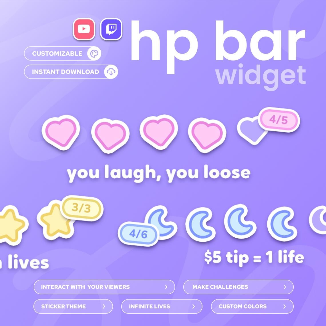 Health Bar Widget | Twitch & Youtube | (42) Icons | Customizable Widget ...