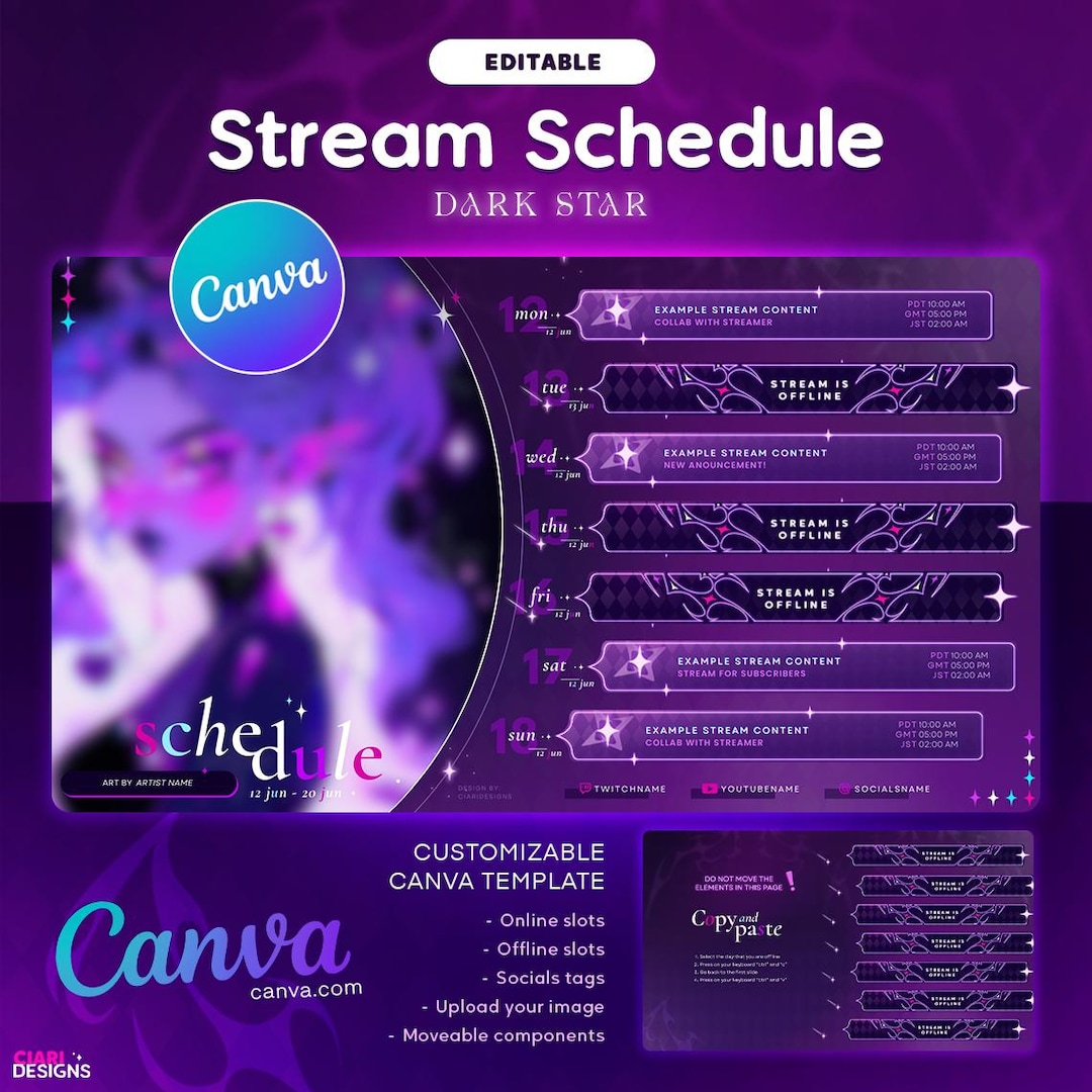 Dark Star Stream Schedule Template | Canva Template | Dark Purple ...
