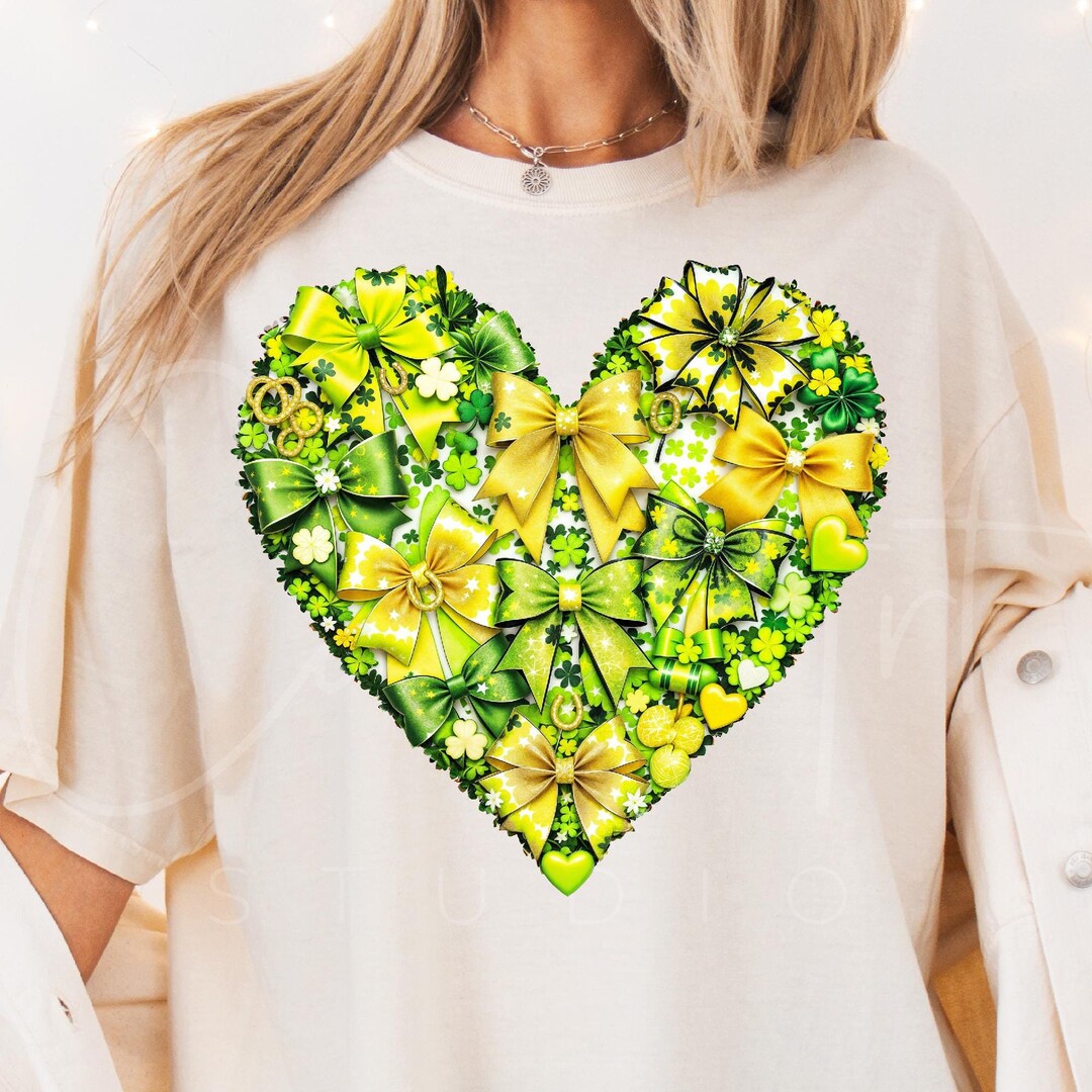 St. Patrick's Day Heart PNG, Shamrock and Bow Digital Clipart, Lucky ...