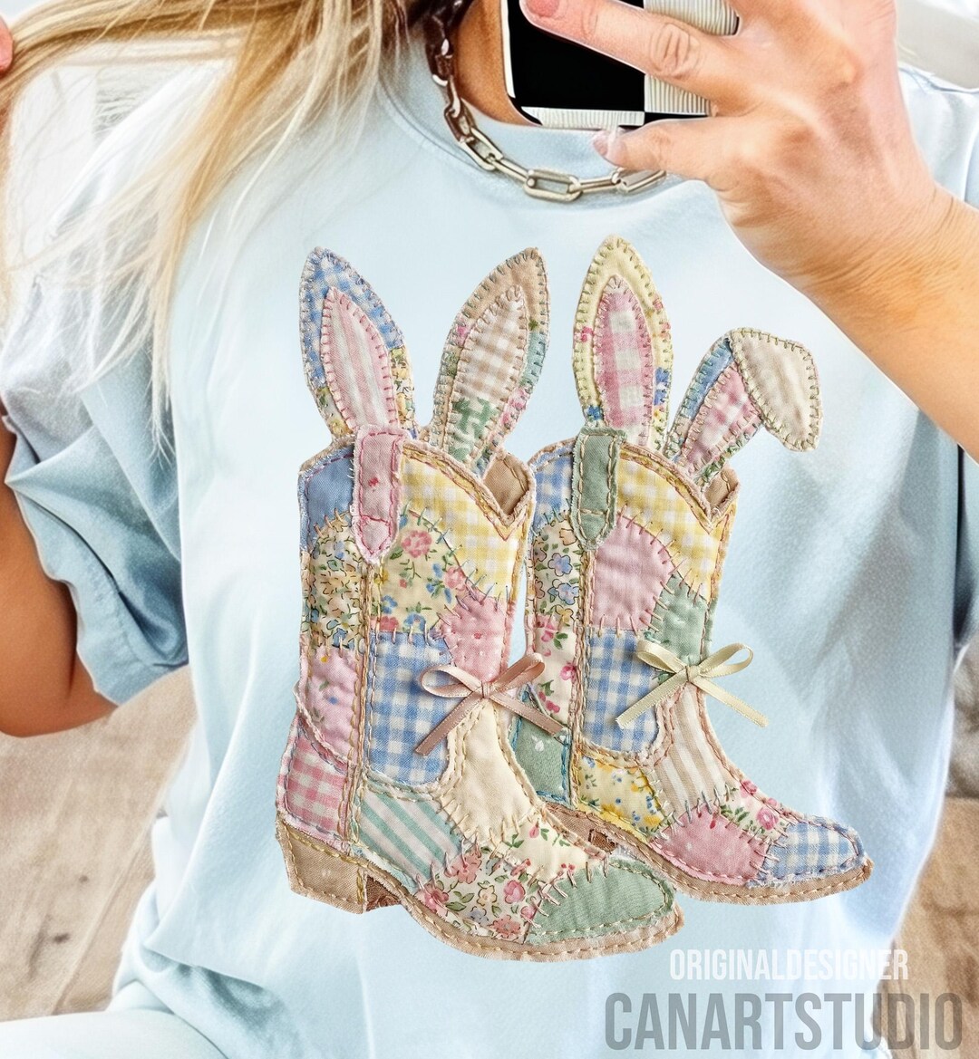 Patchwork Cowboy Boots With Bunny Ears PNG | Western Easter Coquette ...