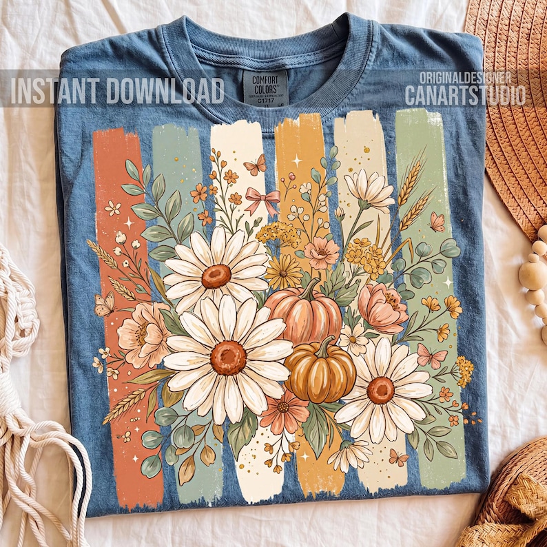 Boho Fall Floral PNG, Coquette Autumn Pumpkin and Daisy Sublimation ...