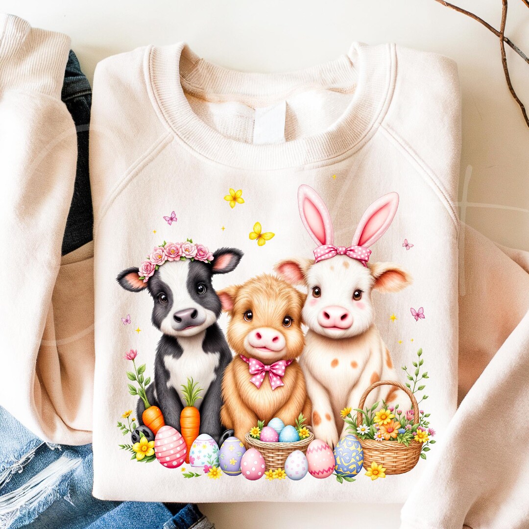 Easter Farm Animals Png Clipart, Cute Cow With Floral Crown, Bunny Ears ...