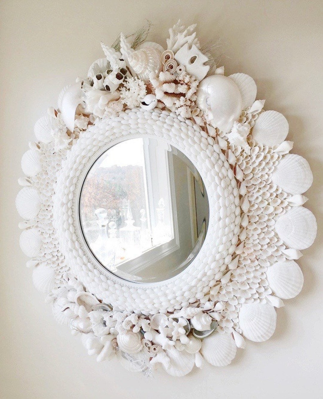 Seashell Mirror, Seashell Art, Hanging Shell Mirror, Shell Art, Coastal ...