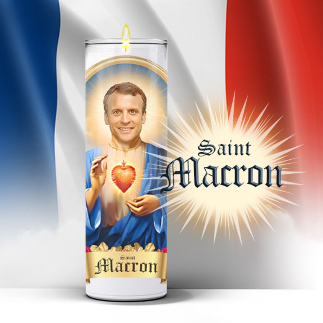 Saint Emmanuel Macron Prayer Candle Sticker, Divine French President ...