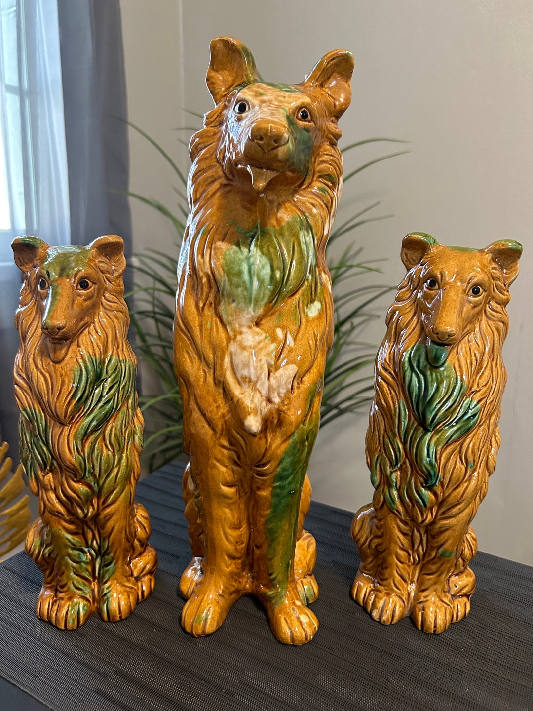 Vintage Majolica Style Ceramic Collie Dogs Set of 3 . 1 Large 2 Medium ...
