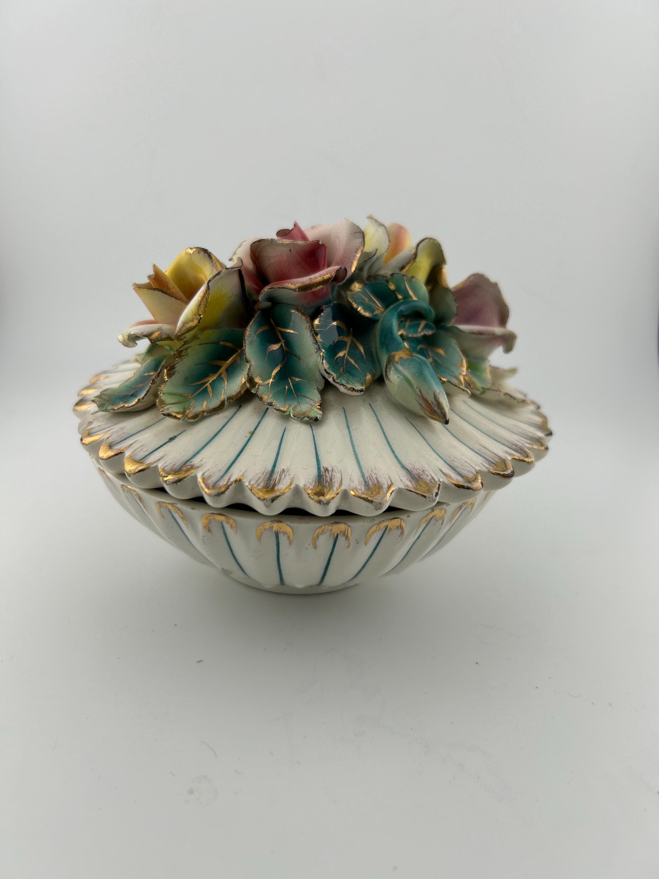 Vintage Capodimonte Hand Painted Rose Lidded Ceramic Center Piece Dish ...