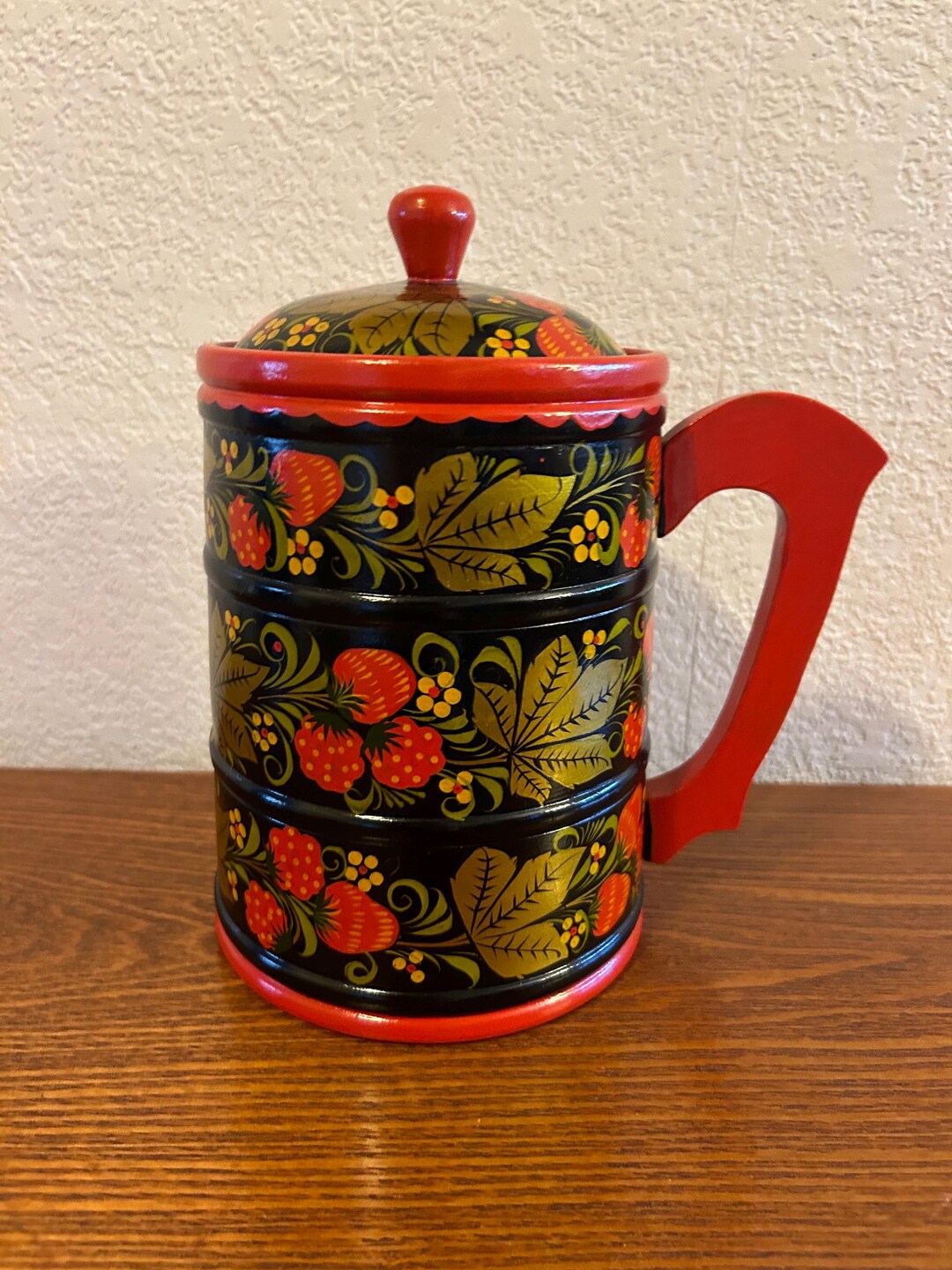 Vintage Russian Khokloma Wooden Mug With Lid. Strawberry Motif, Black ...