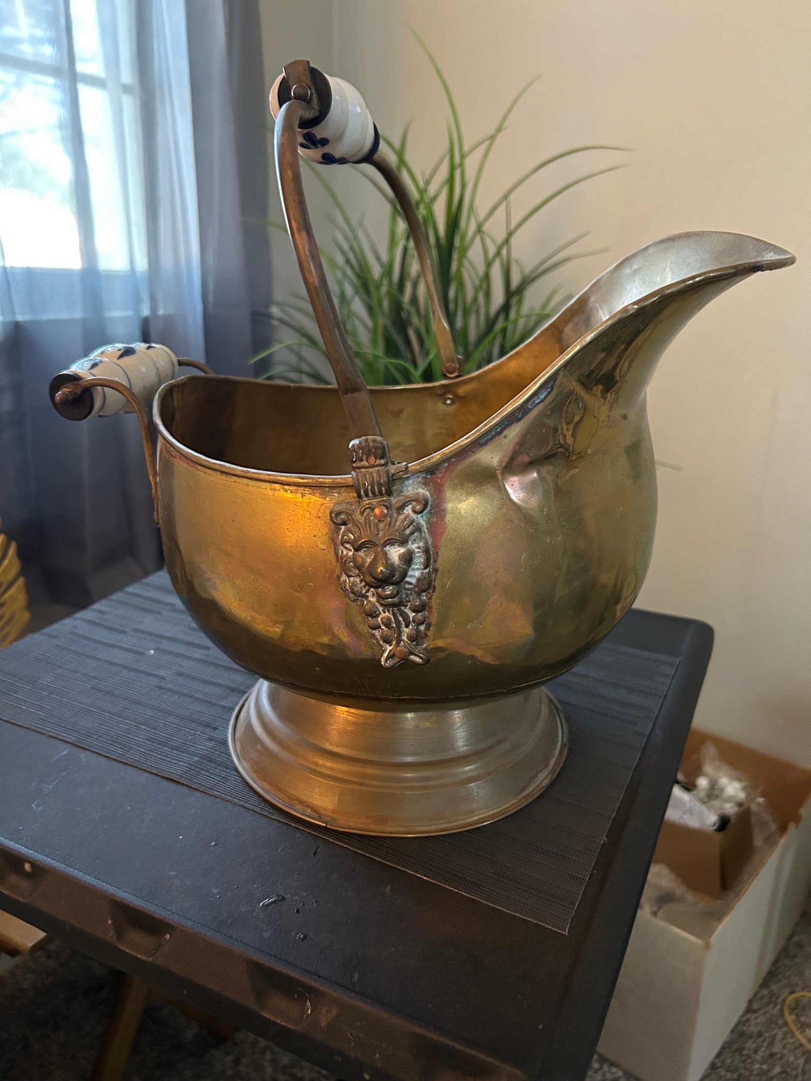Vintage Brass Scuttle Bucket Ceramic Delft Holland Handles, Lions Heads ...