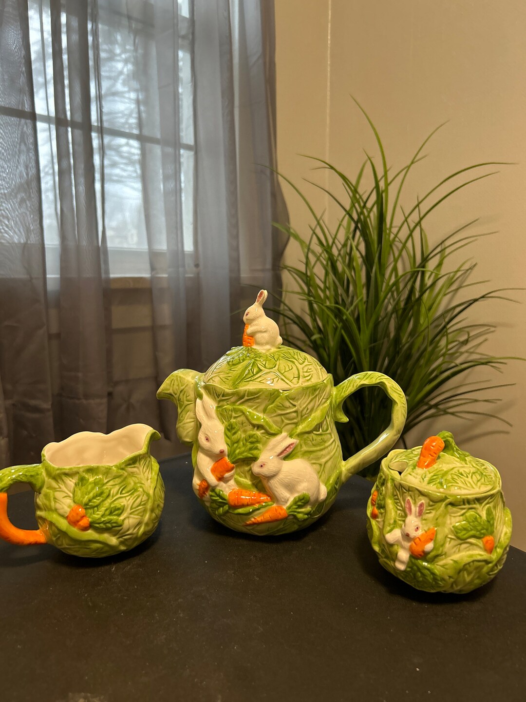 Vintage Bunny Cabbage Teapot With Matching Cream and Sugar Set - Etsy