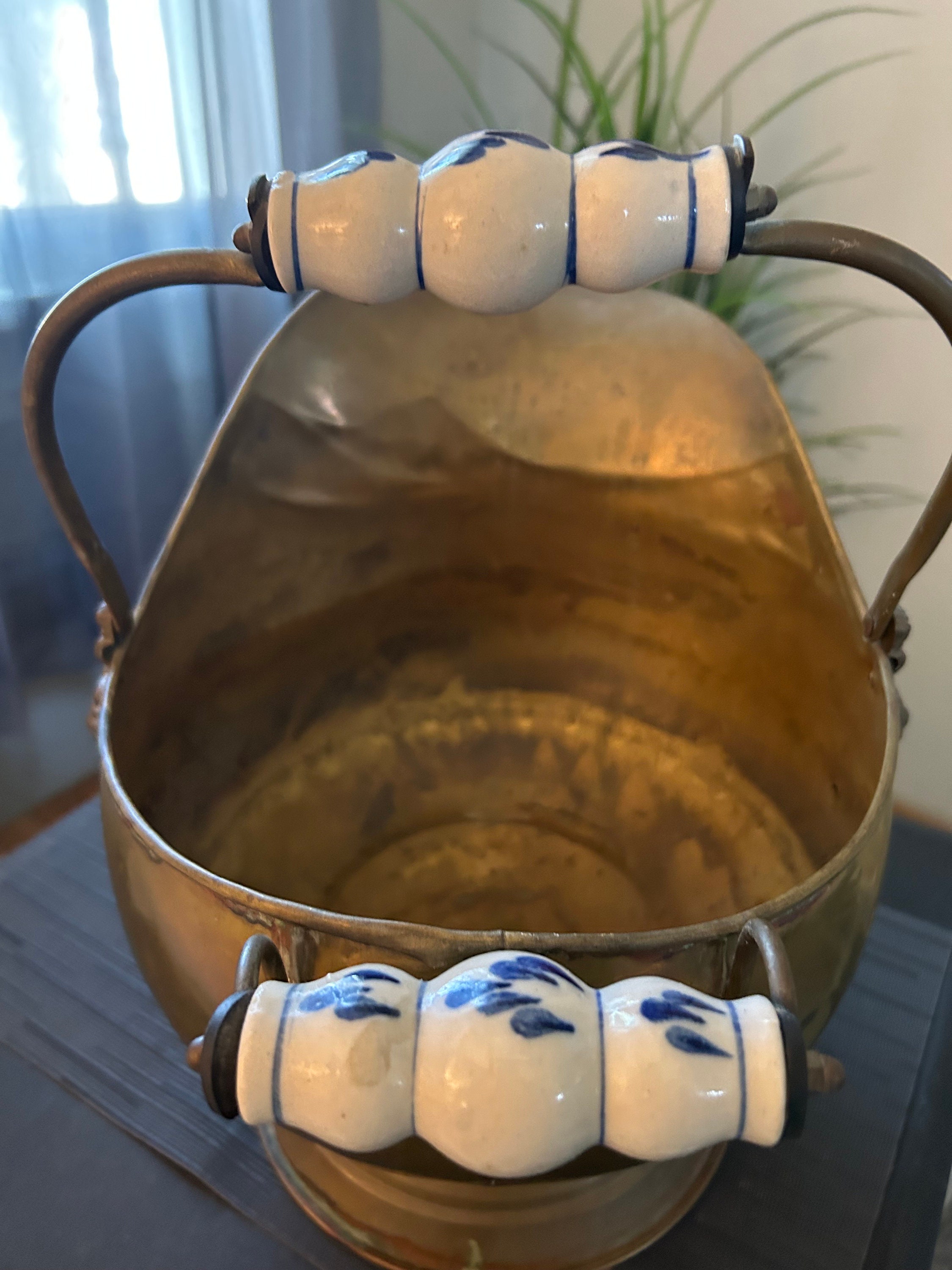 Vintage Brass Scuttle Bucket Ceramic Delft Holland Handles, Lions Heads ...