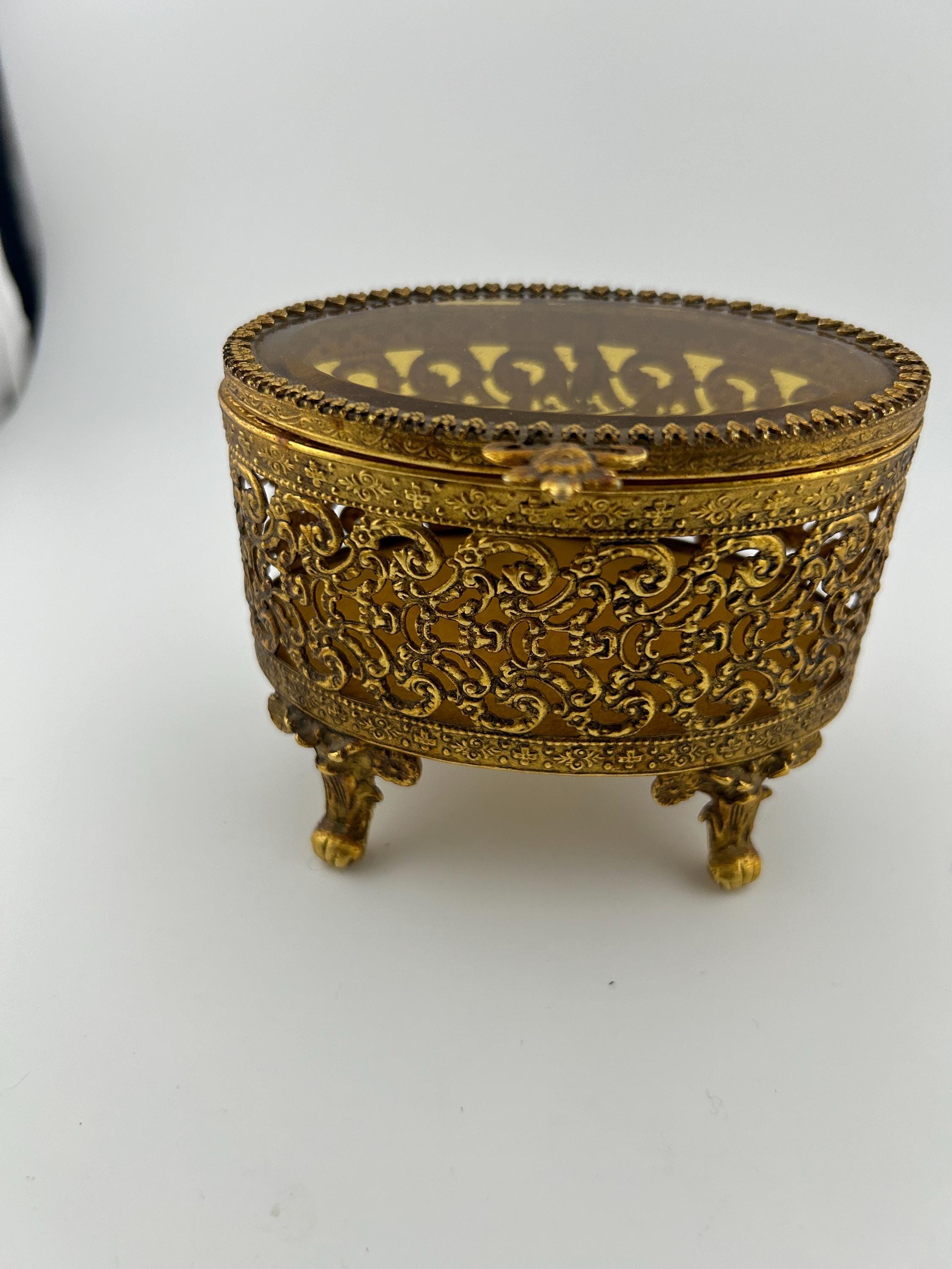 Vintage Jewelry Casket Gold Tone Filigree Ornate Footed Design With ...