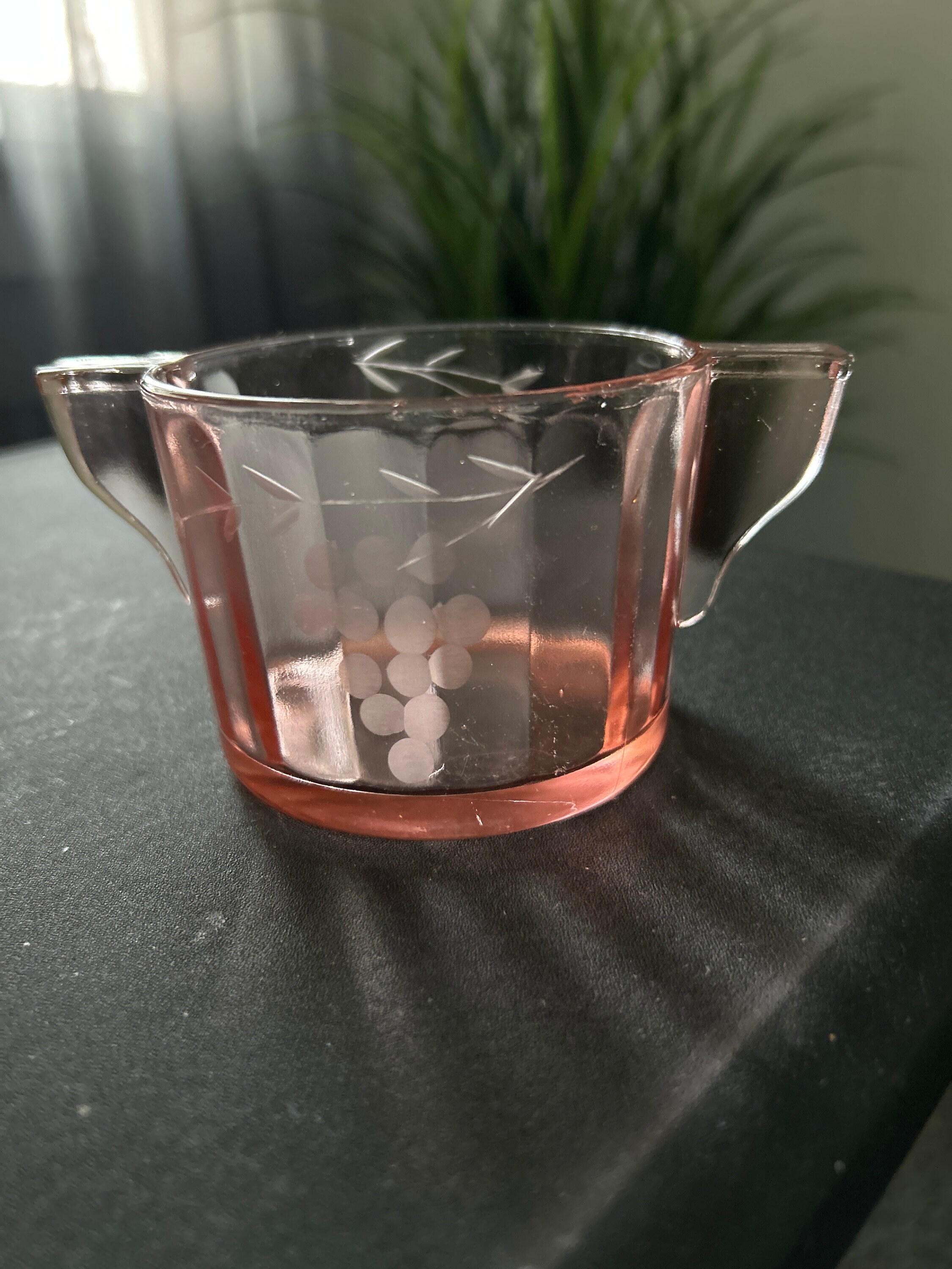 1930’s Pink Depression Glass Cream & Pitcher Set. Etched Grape Vine ...