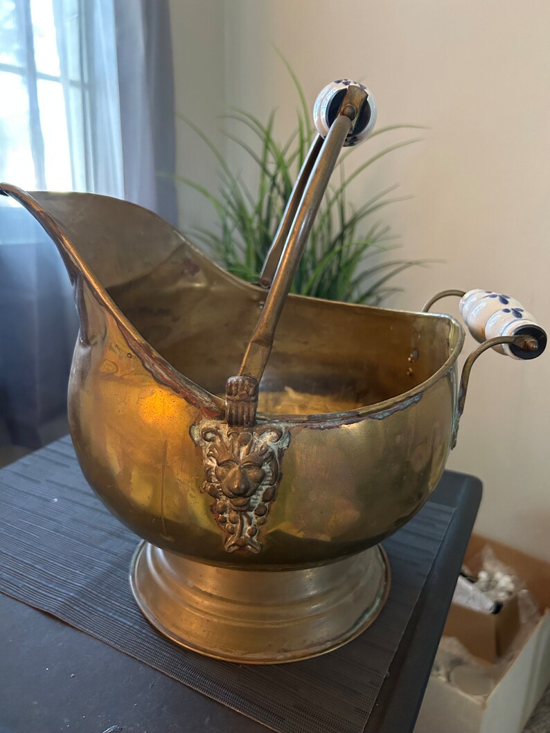 Vintage Brass Scuttle Bucket Ceramic Delft Holland Handles, Lions Heads ...