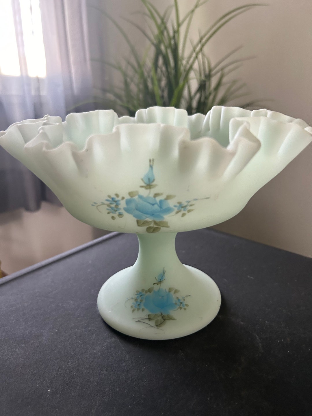 Fenton Blue Satin Custard Glass Pedestal Ruffle Bowl With Blue Satin ...